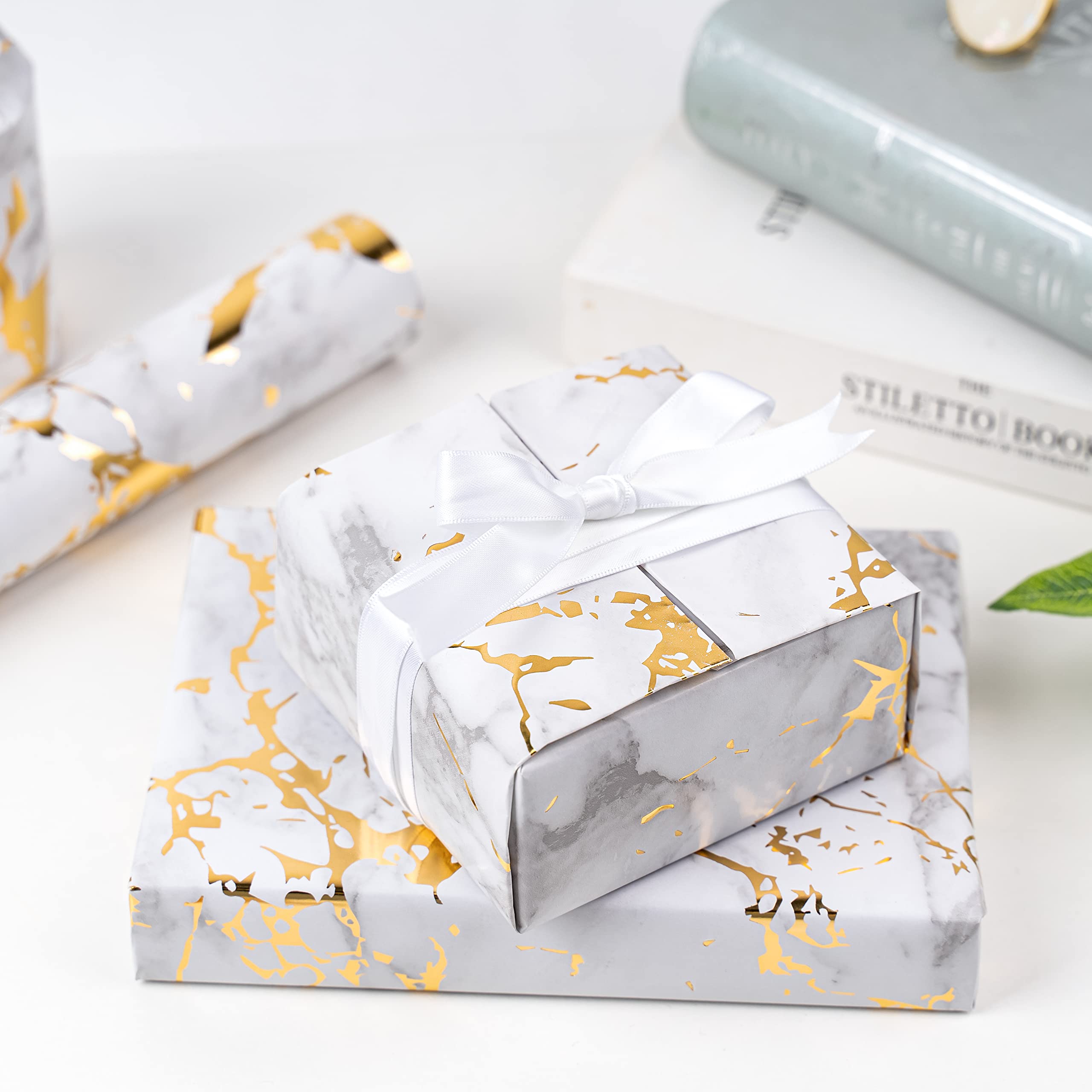 WRAPAHOLIC Wrapping Paper Roll - Mini Roll - 17 Inch X 33 Feet - White Marble with Gold Foil Design, Perfect for Birthday, Holiday, Wedding, Baby Shower