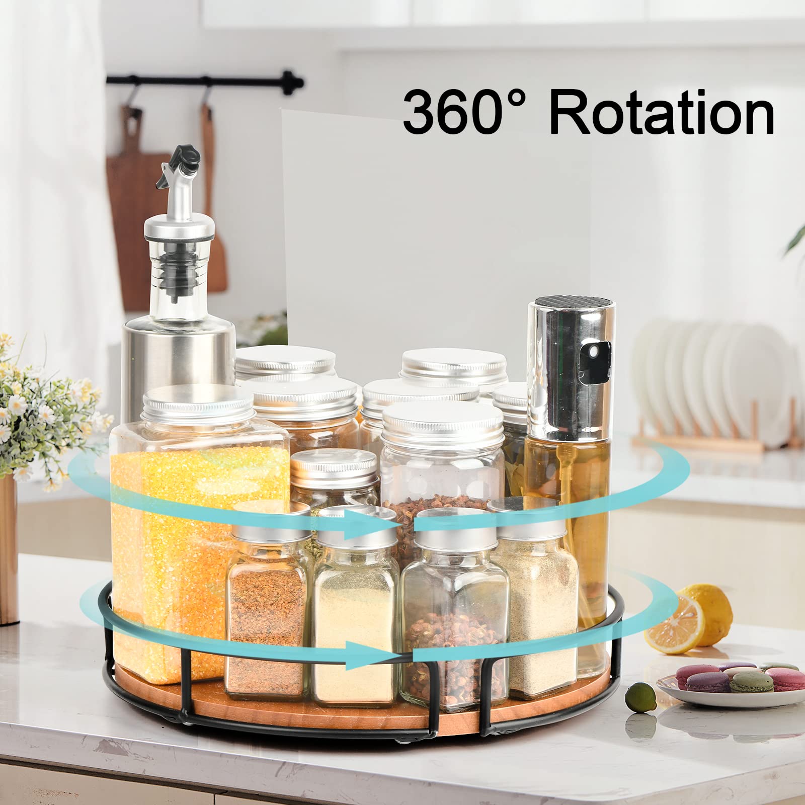 Set of 2, 10 Inch Lazy Susan Organizer - Non-Skid Wood Turntable Organizer for Cabinet, Pantry, Kitchen Countertop, Refrigerator, Spice Rack