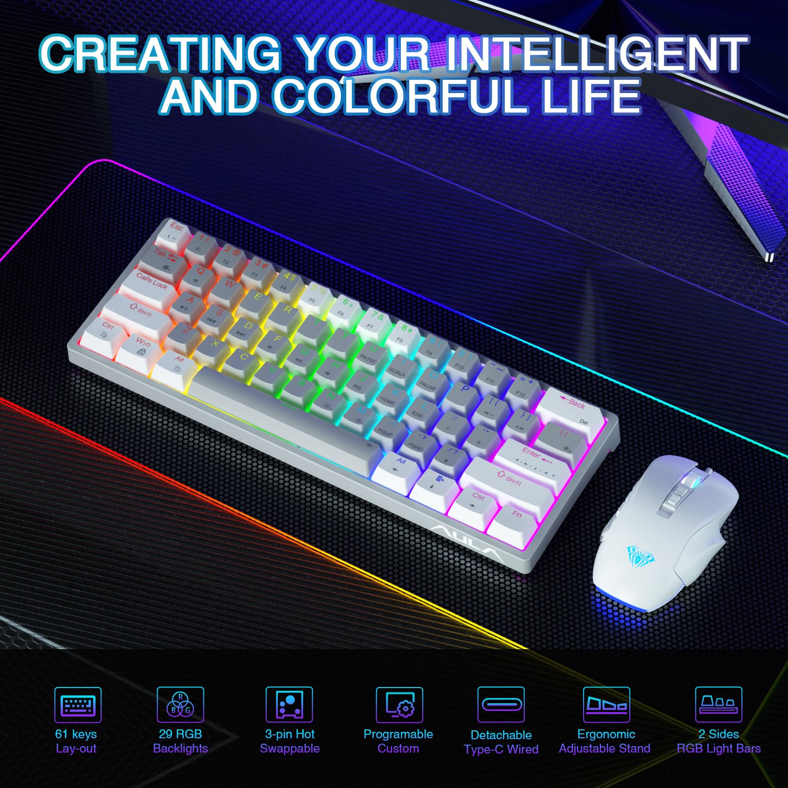 AULA 60 Percent Wired Mechanical Gaming Keyboard, 29 RGB Backlit Custom Hot Swappable Keyboard, Blue Switch 60% Mini Small Compact Keyboard for PC/Mac/Laptop/Wins ββ (Wired Version)