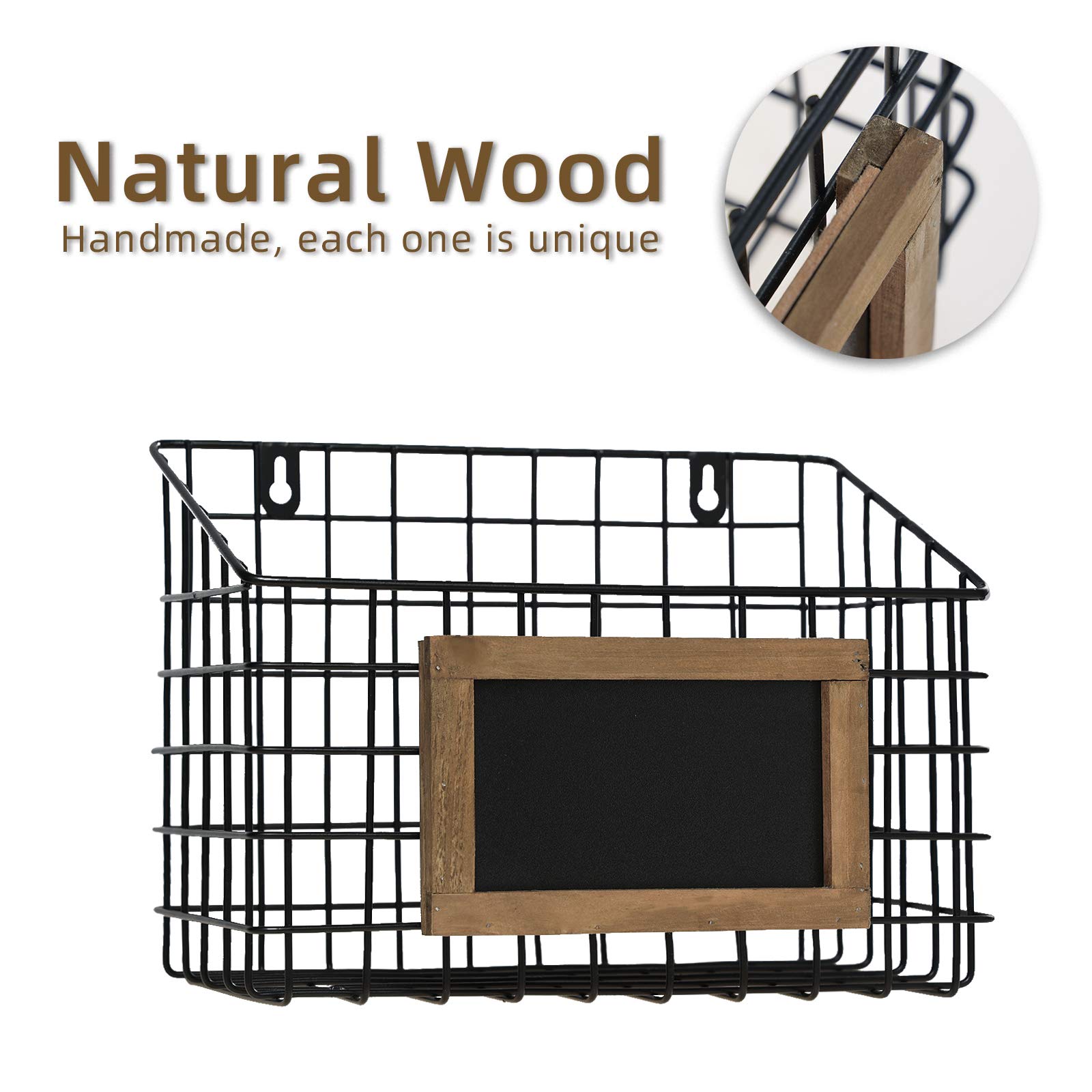 Matt Black Metal Wire Wall Hanging Storage Baskets with Chalkboard Labels, Set of 3, 3 Different Size Hanging Wire Baskets, Black Metal Baskets for Wall