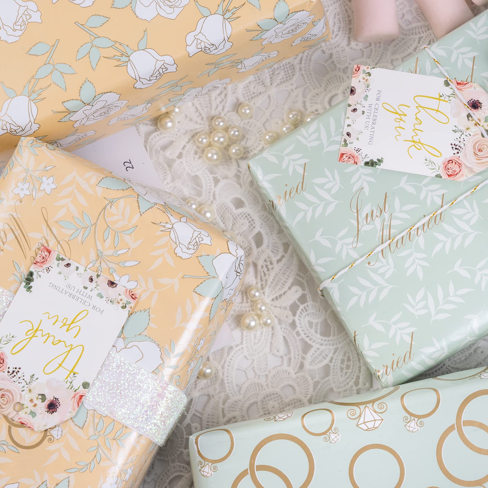 WRAPAHOLIC Wedding Theme Wrapping Paper Roll - Diamond Ring and Floral Design Printed on Pearlized Paper, Perfect for Celebration, Party Present Packing - 4 Rolls - 30 inch X 120 inch Per Roll