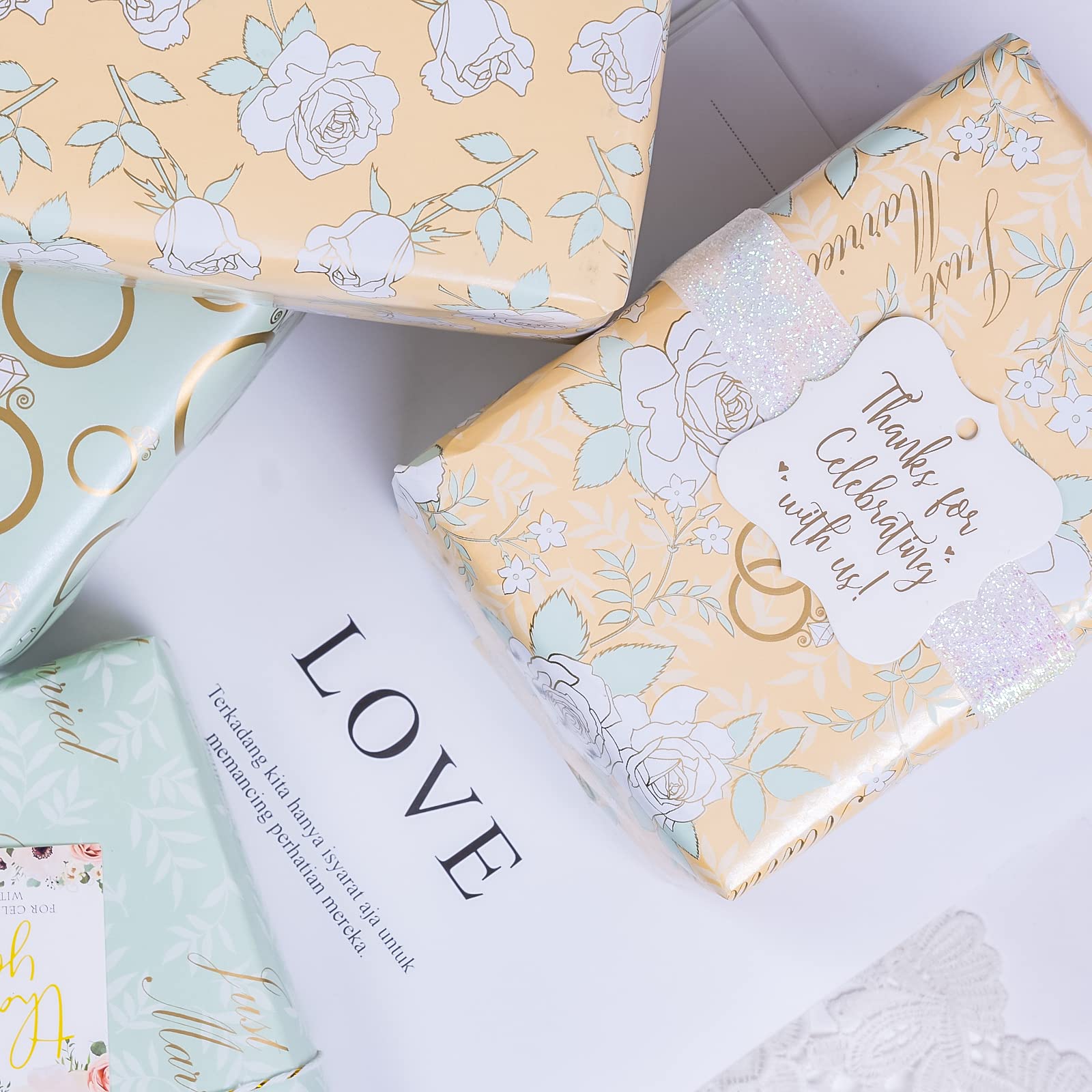WRAPAHOLIC Wedding Theme Wrapping Paper Roll - Diamond Ring and Floral Design Printed on Pearlized Paper, Perfect for Celebration, Party Present Packing - 4 Rolls - 30 inch X 120 inch Per Roll