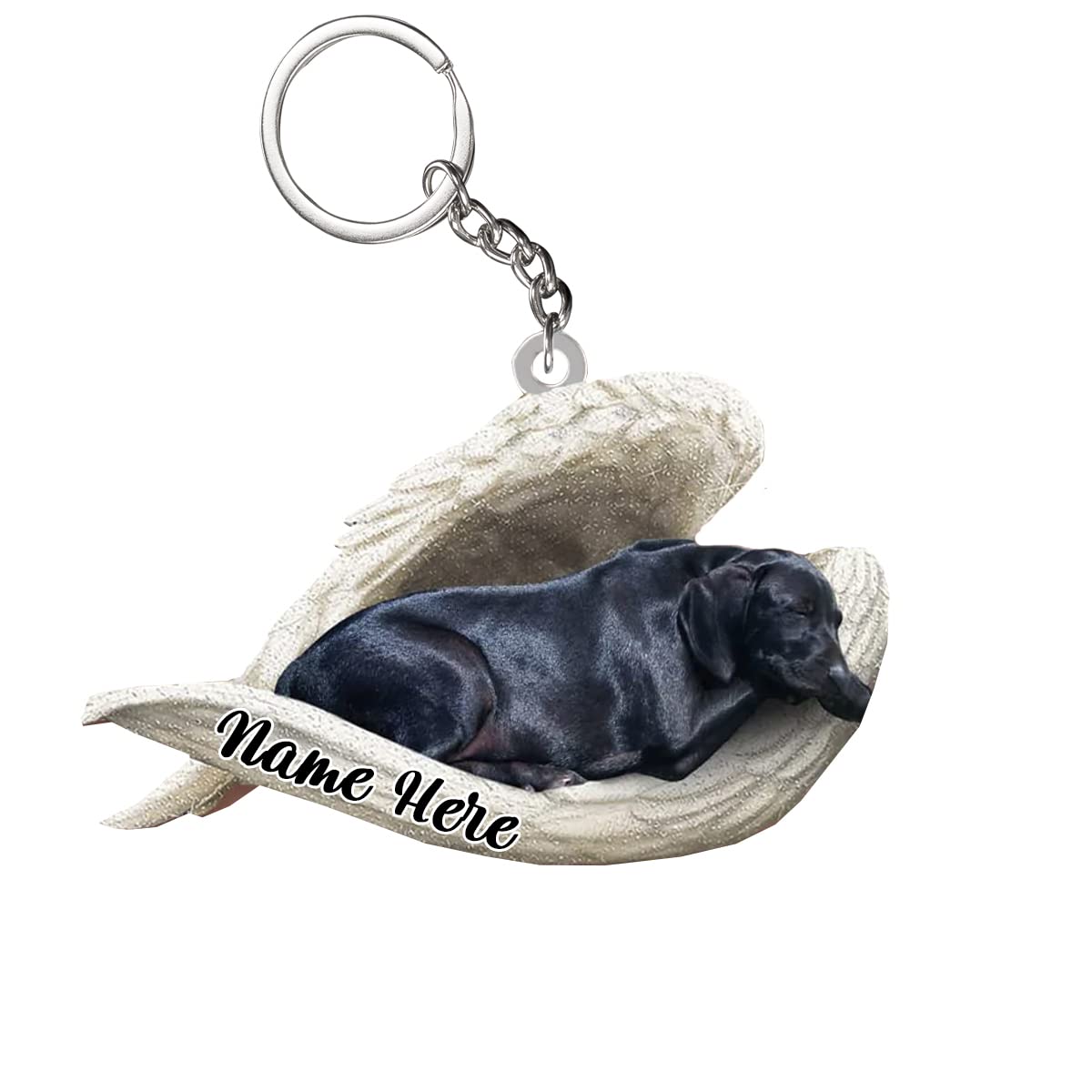 REGODS Black Labrador Personalized Dog Sleeping In White Angel Wings Acrylic Keychain, Gift For Lovers, Decorative 2-Sided Keychain Bag Wallet Car Accessories, Multicoloured, 2x2
