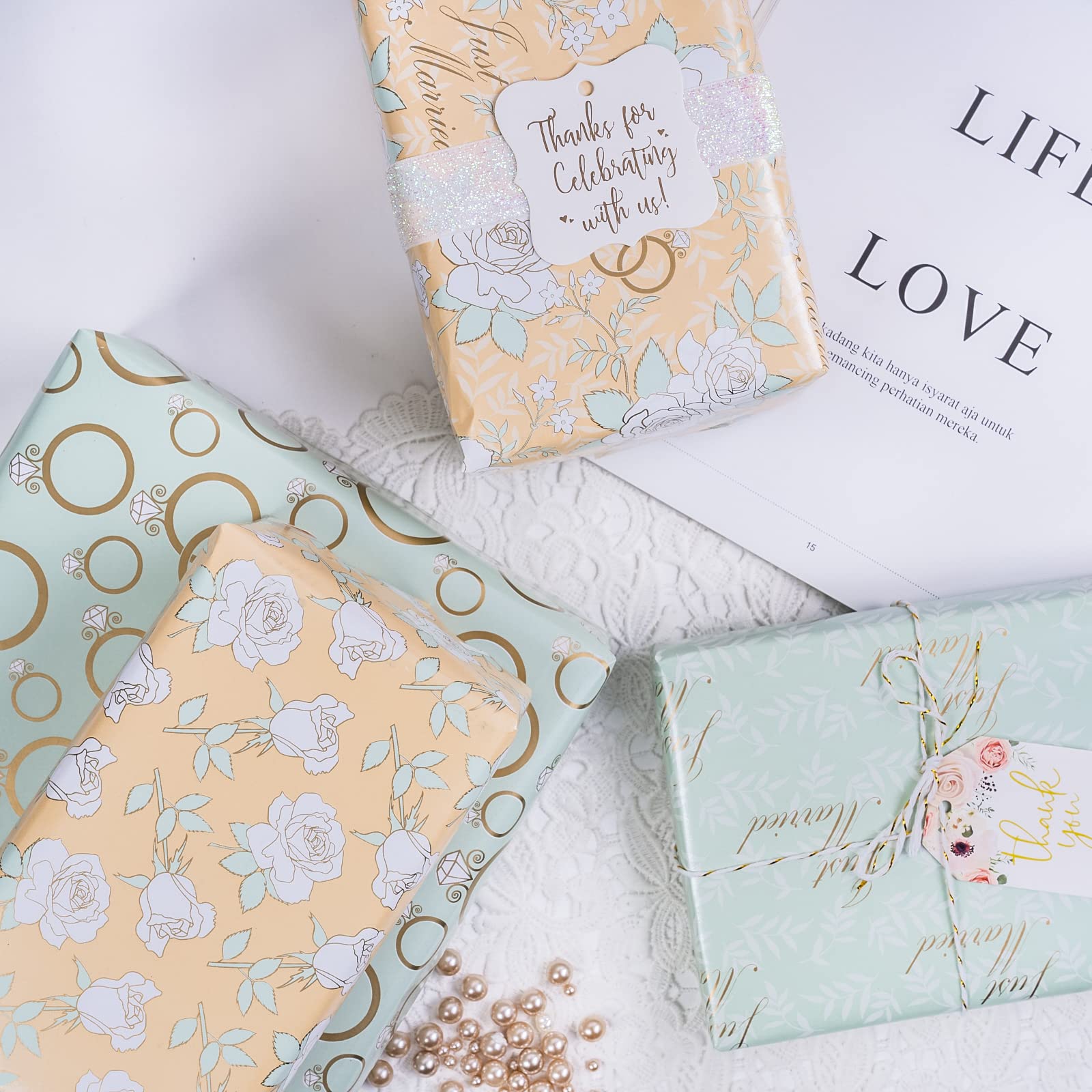 WRAPAHOLIC Wedding Theme Wrapping Paper Roll - Diamond Ring and Floral Design Printed on Pearlized Paper, Perfect for Celebration, Party Present Packing - 4 Rolls - 30 inch X 120 inch Per Roll