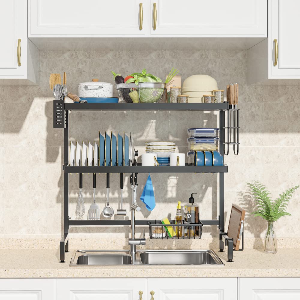 NETEL Over The Sink Dish Drying Rack, 3-Tier(25.6") , Stainless Steel Dish Drainer with Cutting Board Holder, Large Dish Rack for Kitchen Counter Organizer Space Saver (Sink Size≤24inch, Black)