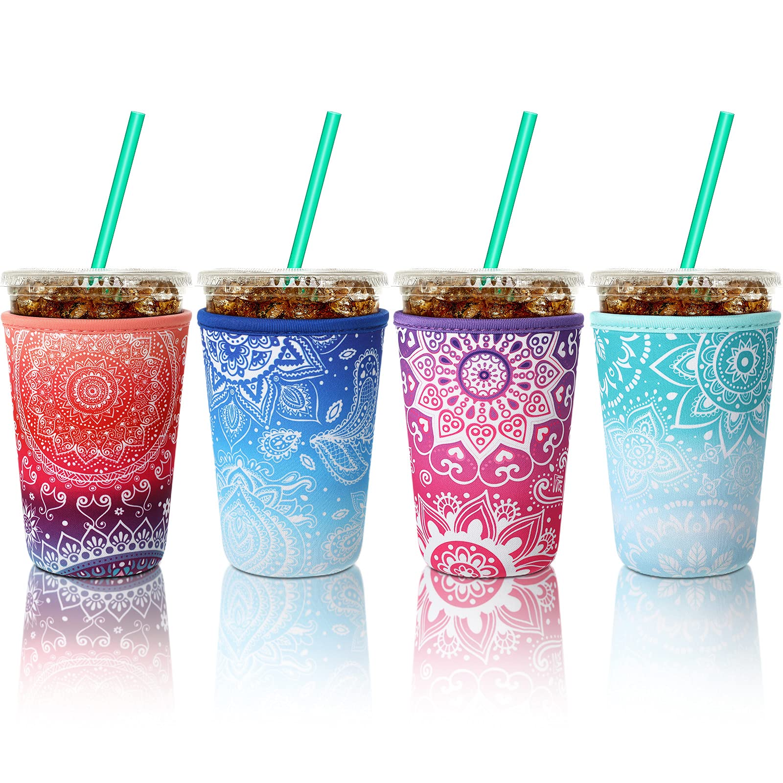 4 Pieces Reusable Coffee Sleeve Cup Insulator for Cold Drinks Beverages and Neoprene Holder for Most Coffee (22-24 oz Medium,Datura Style)