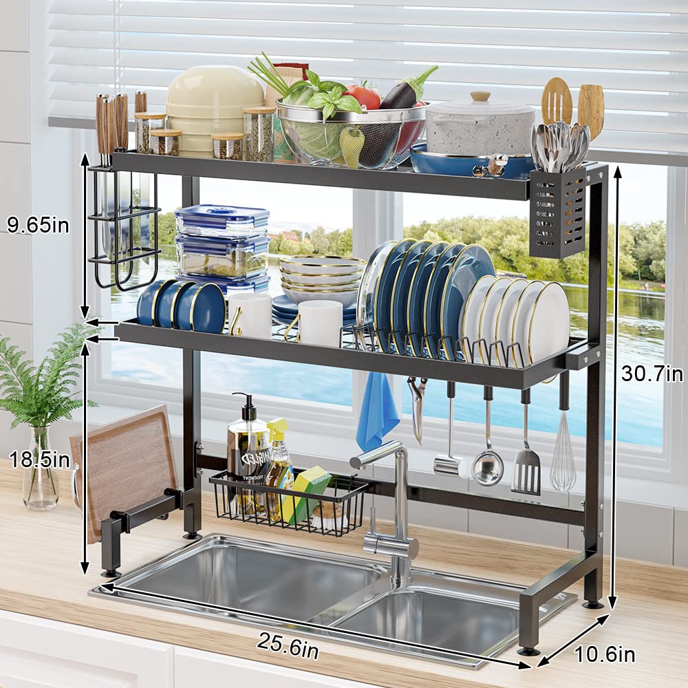 NETEL Over The Sink Dish Drying Rack, 3-Tier(25.6") , Stainless Steel Dish Drainer with Cutting Board Holder, Large Dish Rack for Kitchen Counter Organizer Space Saver (Sink Size≤24inch, Black)