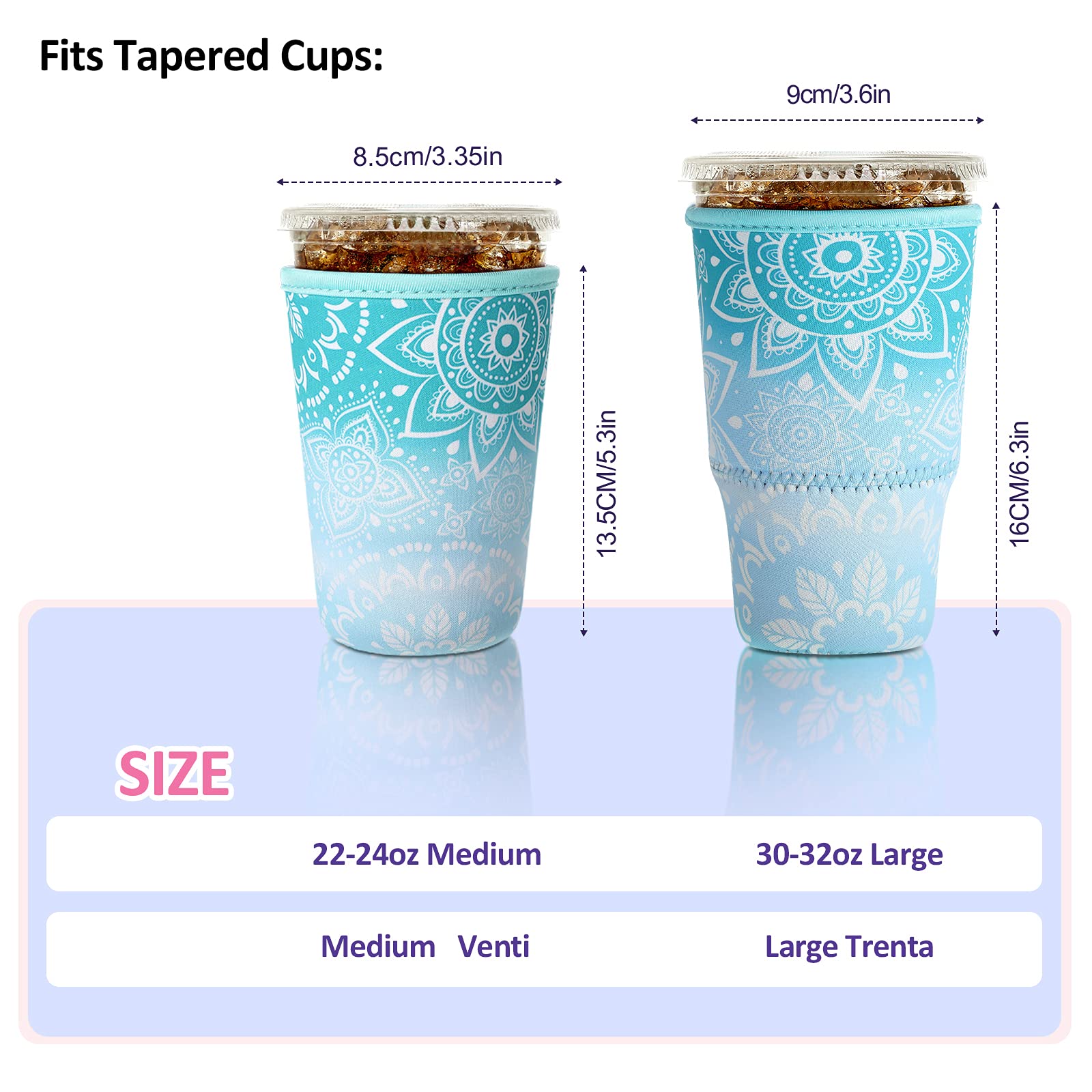 4 Pieces Reusable Coffee Sleeve Cup Insulator for Cold Drinks Beverages and Neoprene Holder for Most Coffee (22-24 oz Medium,Datura Style)