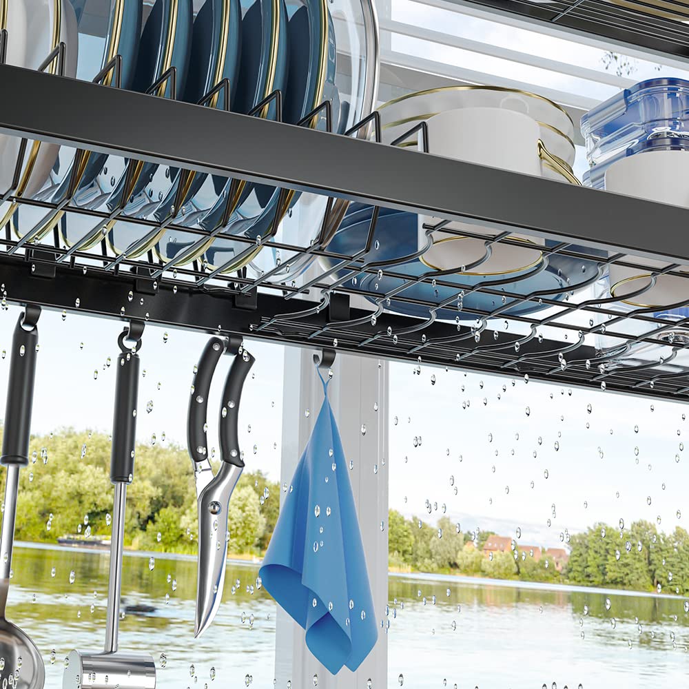 NETEL Over The Sink Dish Drying Rack, 3-Tier(25.6") , Stainless Steel Dish Drainer with Cutting Board Holder, Large Dish Rack for Kitchen Counter Organizer Space Saver (Sink Size≤24inch, Black)