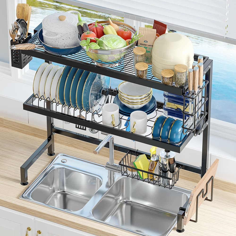 NETEL Over The Sink Dish Drying Rack, 3-Tier(25.6") , Stainless Steel Dish Drainer with Cutting Board Holder, Large Dish Rack for Kitchen Counter Organizer Space Saver (Sink Size≤24inch, Black)