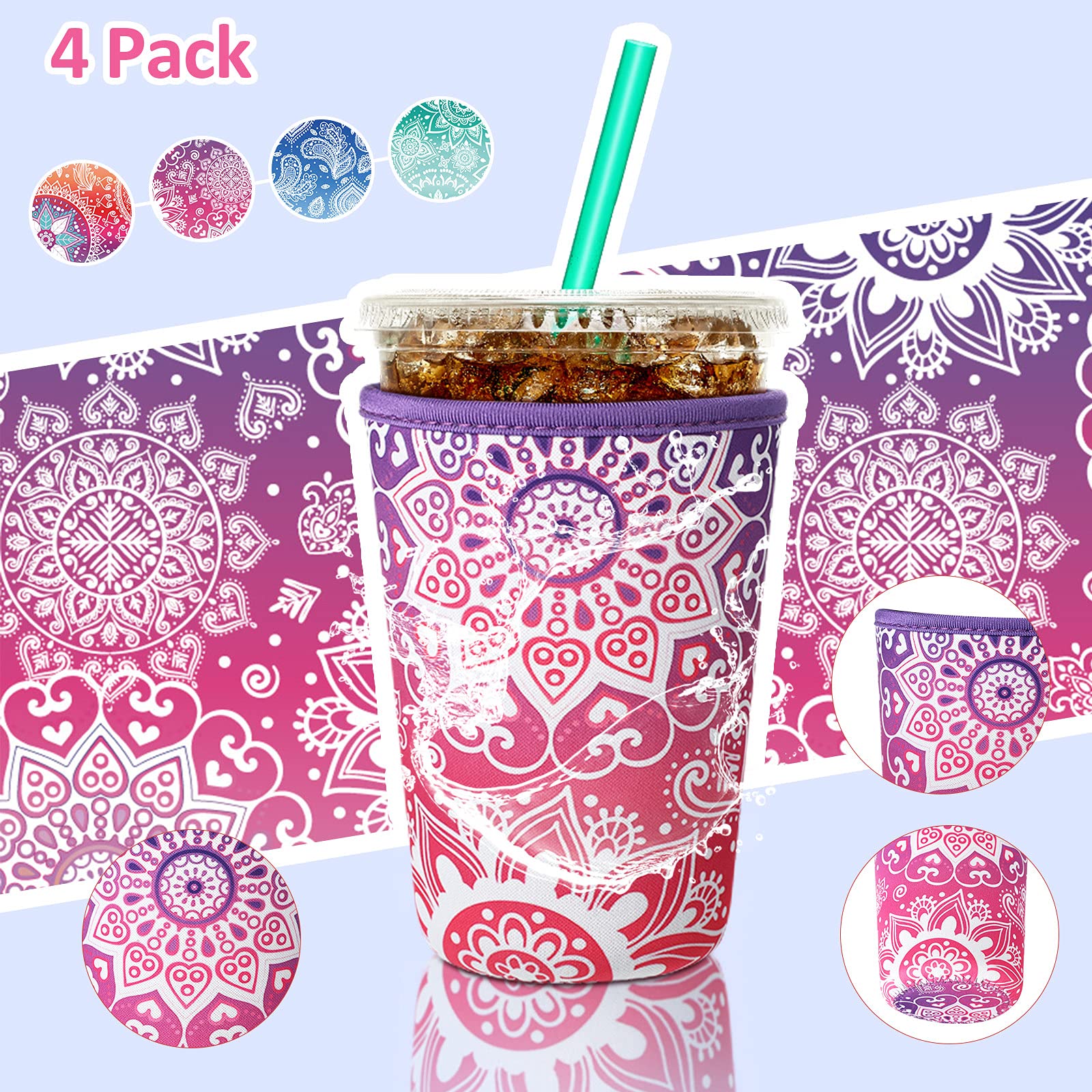 4 Pieces Reusable Coffee Sleeve Cup Insulator for Cold Drinks Beverages and Neoprene Holder for Most Coffee (22-24 oz Medium,Datura Style)