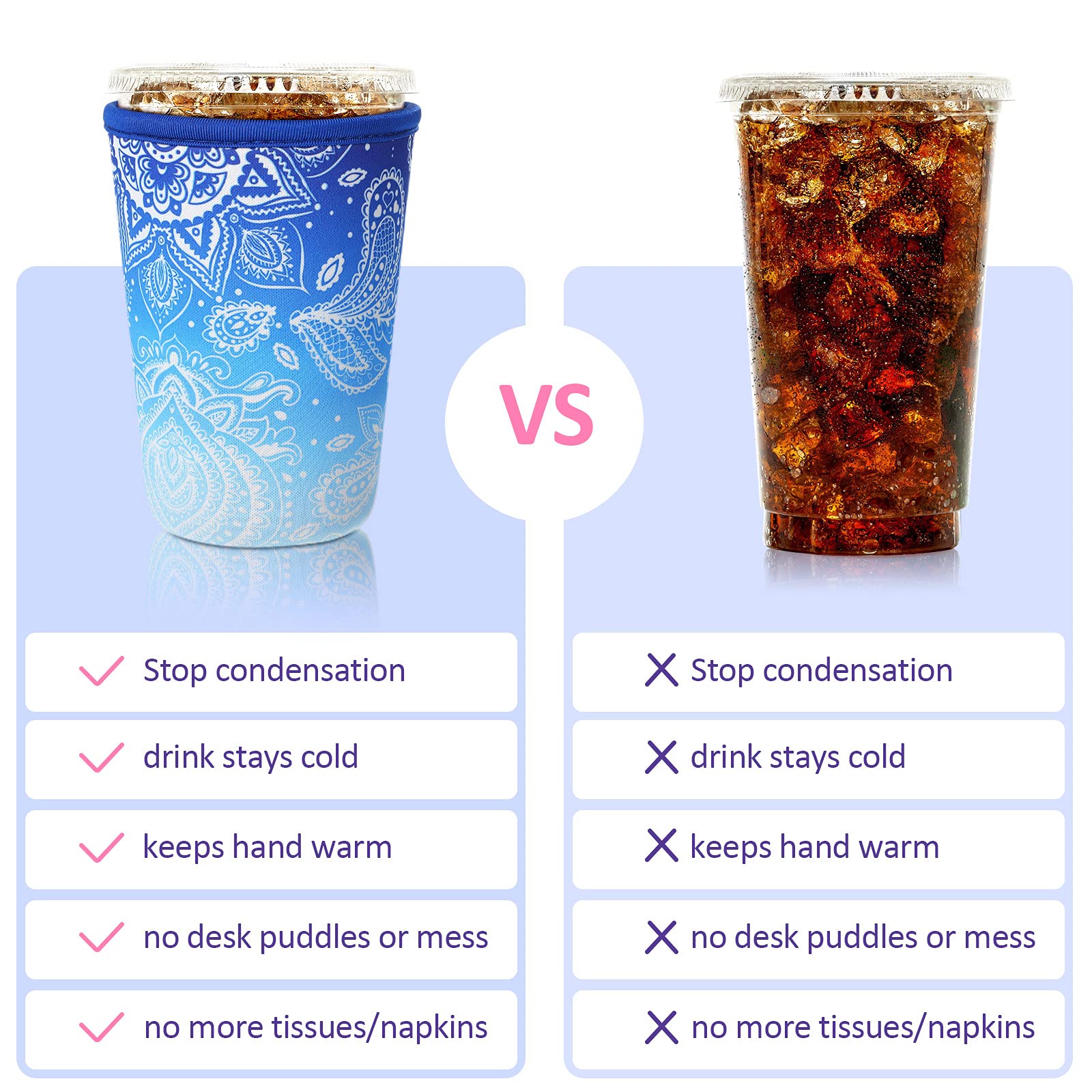 4 Pieces Reusable Coffee Sleeve Cup Insulator for Cold Drinks Beverages and Neoprene Holder for Most Coffee (22-24 oz Medium,Datura Style)