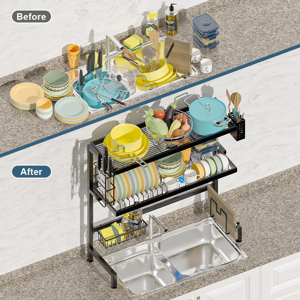 NETEL Over The Sink Dish Drying Rack, 3-Tier(25.6") , Stainless Steel Dish Drainer with Cutting Board Holder, Large Dish Rack for Kitchen Counter Organizer Space Saver (Sink Size≤24inch, Black)