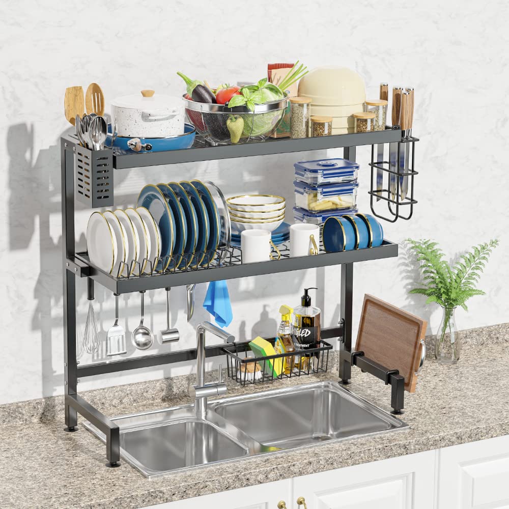 NETEL Over The Sink Dish Drying Rack, 3-Tier(25.6") , Stainless Steel Dish Drainer with Cutting Board Holder, Large Dish Rack for Kitchen Counter Organizer Space Saver (Sink Size≤24inch, Black)