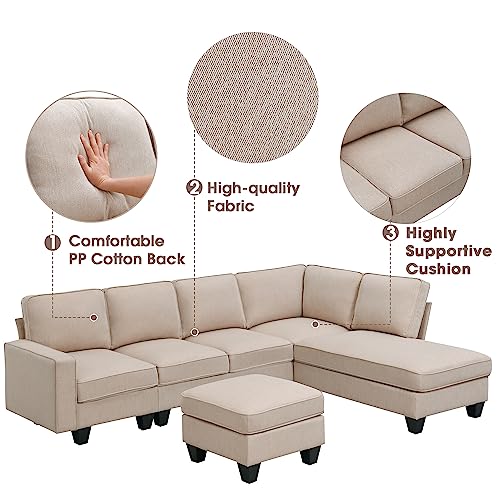 GAOWEI Modern L-Shaped Sectional Sofa,7-seat Linen Fabric Couch Set with Chaise Lounge and Convertible Ottoman for Living Room,Apartment,Office Modular sectional Sofa l Shaped Sofa (Khaki)