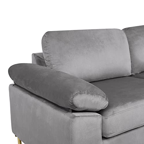 Prohon L-Shaped Sectional Sofa with Velvet Chaise & Gold Metal Legs, Mid-Century Style Modular Couch w/Removable Pillow Arms and Back for Living Room, Bedroom, Office, Gray
