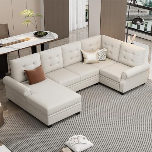 FULife Modern U-Shaped Sectional Sofa with Chaise Lounge,Comfy Modular Couch w/Nailhead Trim Armrest,Linen Fabric Upholstered 6-Seater Corner Sofá for Living Room Apartment Office, Beige 120" w