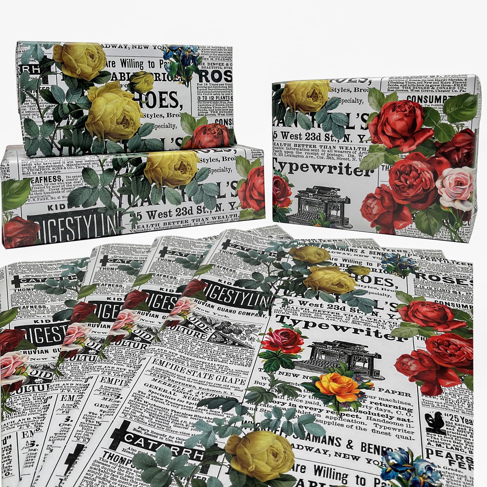 Dtiafu Vintage Newspaper Wrapping Paper Retro Floral Gift Wrap Paper - Rustic Wrapping Paper for Christmas Wedding Holiday - 20 x 28 Inch Per Sheet (6 Sheet)