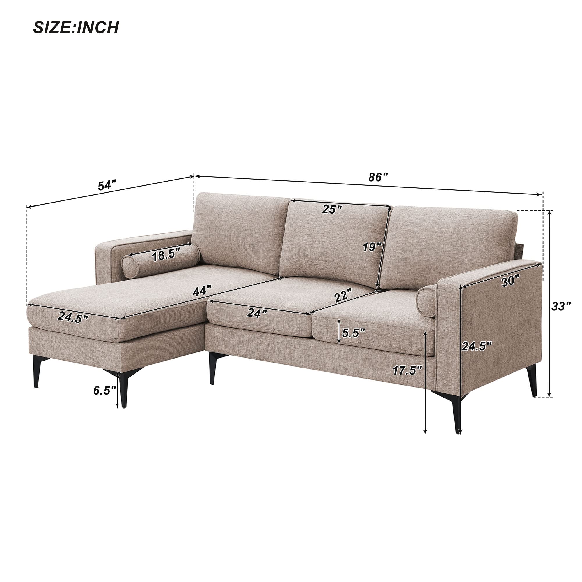 POCIYIHOME 86" Convertible Sectional 2 Pillows, Modern Chenille L-Shaped Couch with Reversible Chaise Lounge, 3-Seater Sofa, Fit for Living Room,Office,Apartment, Polyester, Camel