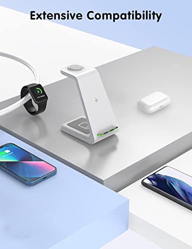 JoyGeek Wireless Charging Station, Wireless iPhone Charger, 3 in 1 Charging Station for Apple iPhone 14/13/12/11/SE/X/8 Series, iWatch 8/SE/7/6/3, AirPods 2/3/Pro - White