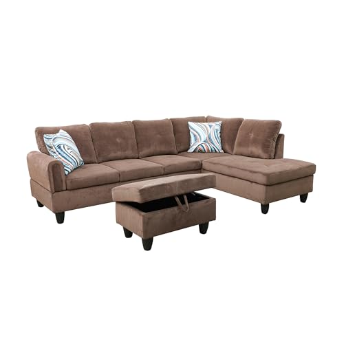 NOTOP 3-Piece Corduroy L-Shaped Sectional Sofas, Button Tufted Upholstered Couch Set with Right Chaise Longue and Storage Ottoman, for Living Room, Home, Office, 97, Dark Brown