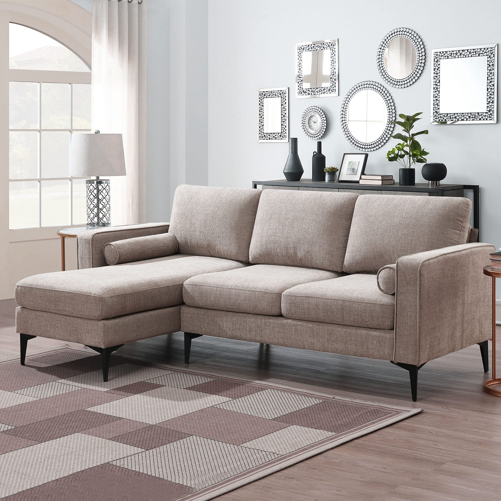 POCIYIHOME 86" Convertible Sectional 2 Pillows, Modern Chenille L-Shaped Couch with Reversible Chaise Lounge, 3-Seater Sofa, Fit for Living Room,Office,Apartment, Polyester, Camel
