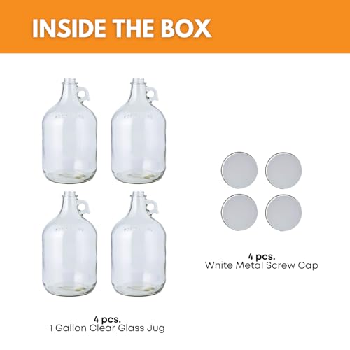 FastRack 128oz Jug (Pack of 4) with White Metal Caps, 1 Gallon Glass Beer Jug, Gallon Glass Jug, Clear Jug for Beer