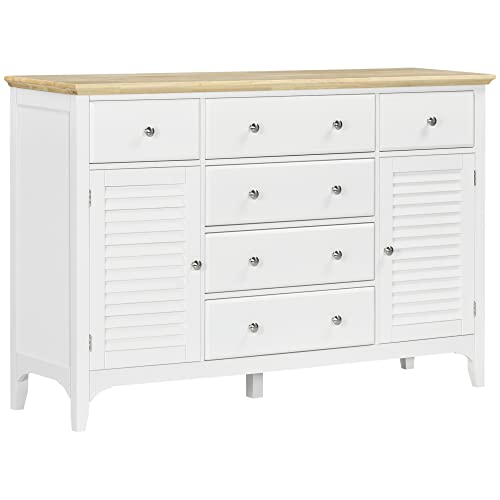 HOMCOM Modern Sideboard with Drawers, Buffet Cabinet with Storage Cabinets, Rubberwood Top and Adjustable Shelves for Living Room, Kitchen, TV Stand up to 60 Inches, White