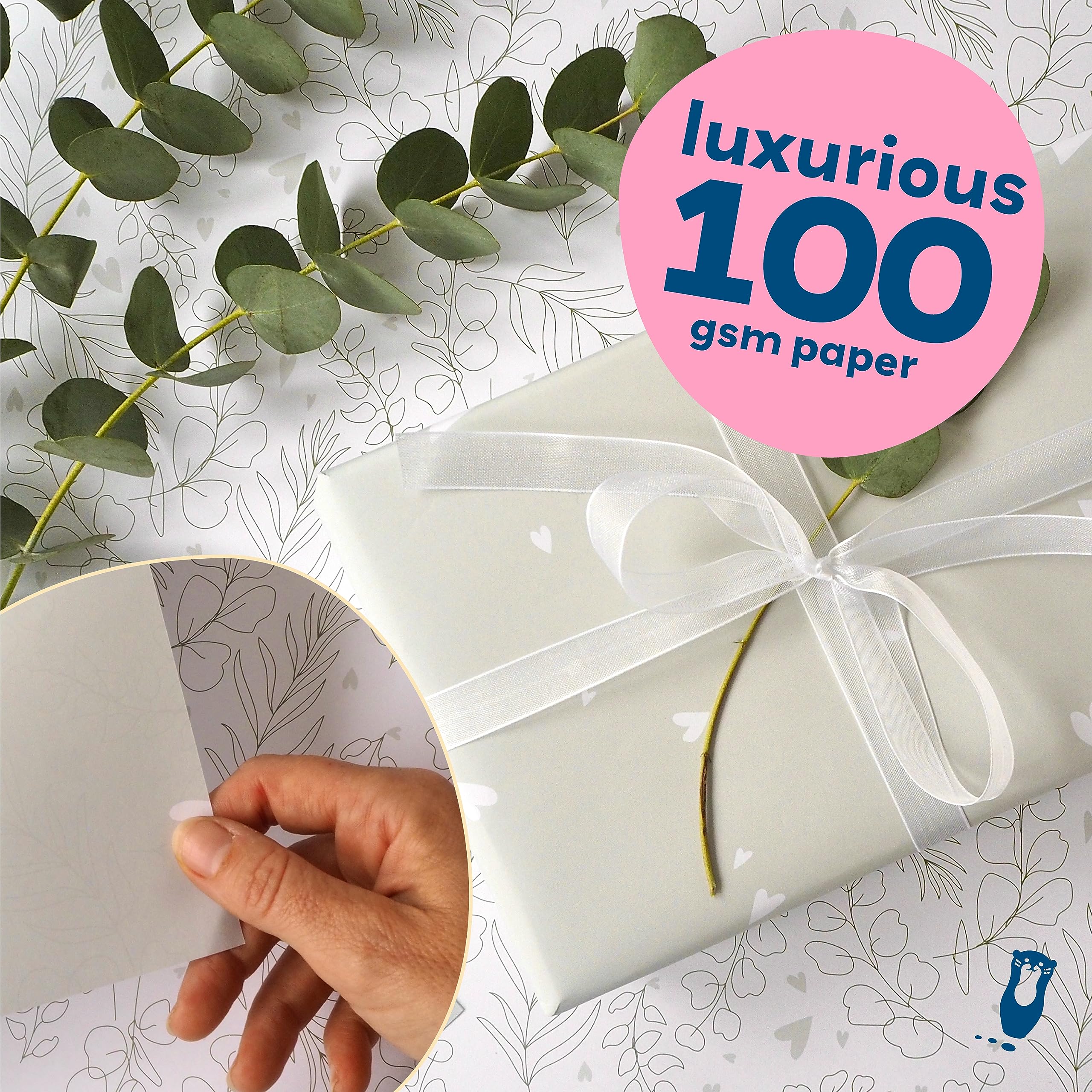 Wedding Gift Wrap - 6 Luxury Sheets of Weddings Wrapping Paper in Aisle Go With Green Design - Green & White Floral Hearts Design