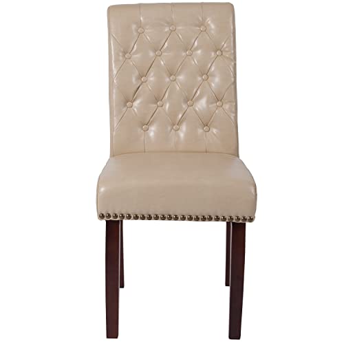 Flash Furniture Set of 4 Hercules Series Beige LeatherSoft Parsons Chairs with Rolled Back, Accent Nail Trim and Walnut Finish