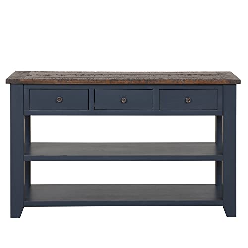 48'' Solid Wood Console Table, Modern Entryway Sofa Side Table with 3 Storage Drawers and 2 Shelves. Easy to Assemble (Blue)