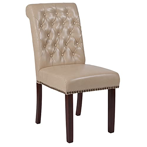 Flash Furniture Set of 4 Hercules Series Beige LeatherSoft Parsons Chairs with Rolled Back, Accent Nail Trim and Walnut Finish