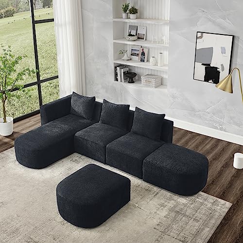 Free Combination Upholstered Reversible Modular Sectional Sofa,Rearrangeable L-Shaped Corner Cloud Deep Sofá with Left Side Chaise,Ottoman and Waist Pillows for Living Room Office Furniture Set