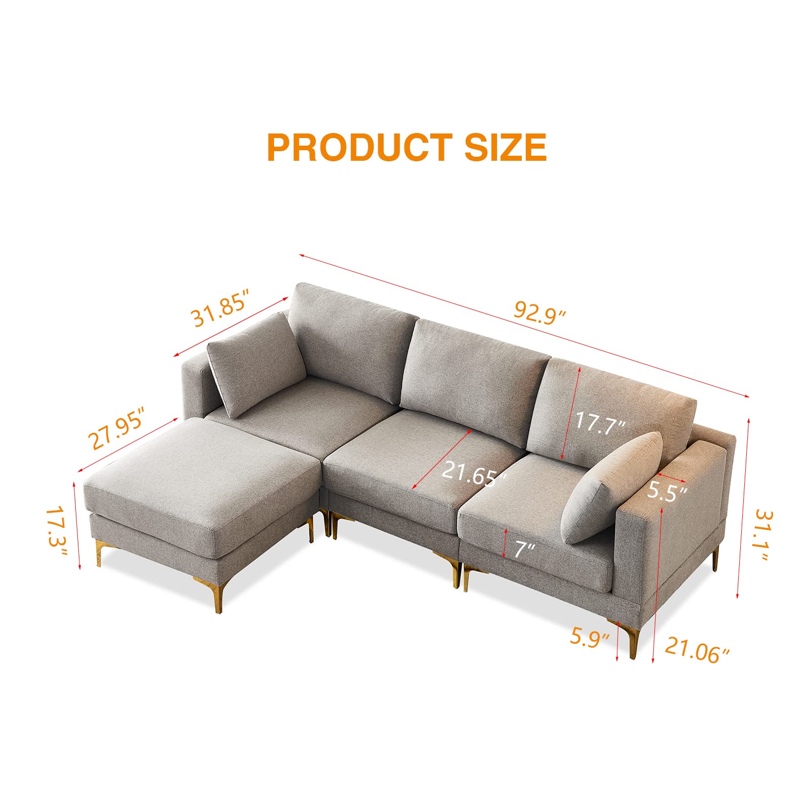 LCH Convertible, L Shaped Reversible Chaise, Sectional Sofa Couch for Small Space, Grey