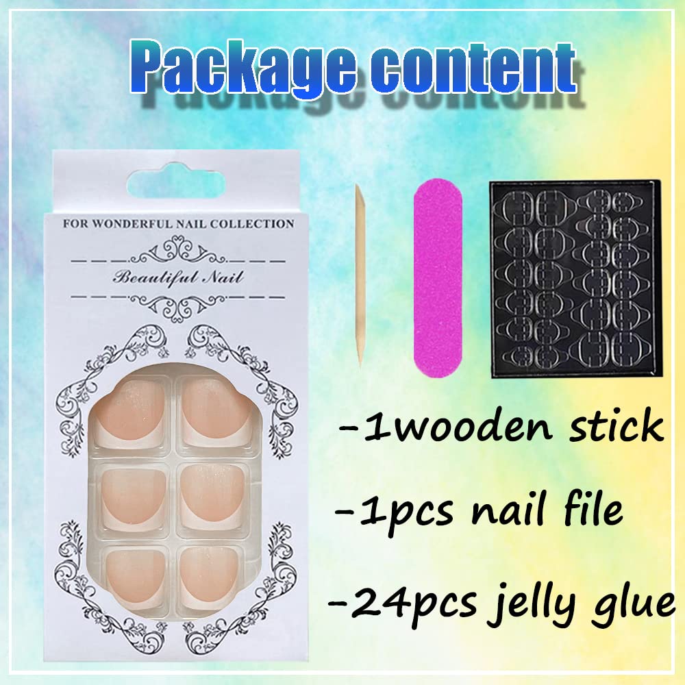 French Tips Press on Toenails White Short Square Fake Nails Nude Pink Glitter Designs False Nails Acrylic Nails Summer Full Cover Glue on Toe Nails for Women and Girls 24Pcs