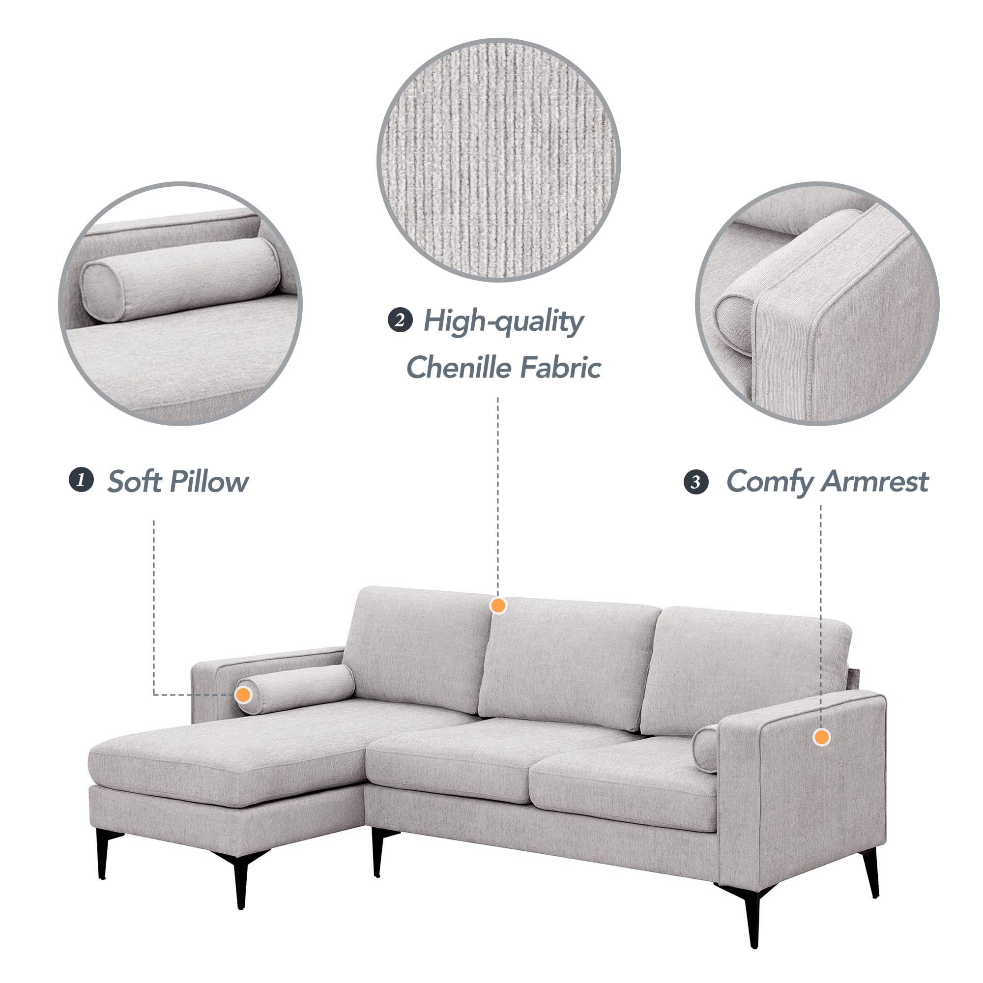 POCIYIHOME 86" Convertible Sectional 2 Pillows, Modern Chenille L-Shaped Couch with Reversible Chaise Lounge, 3-Seater Sofa, Fit for Living Room,Office,Apartment, Polyester, Beige