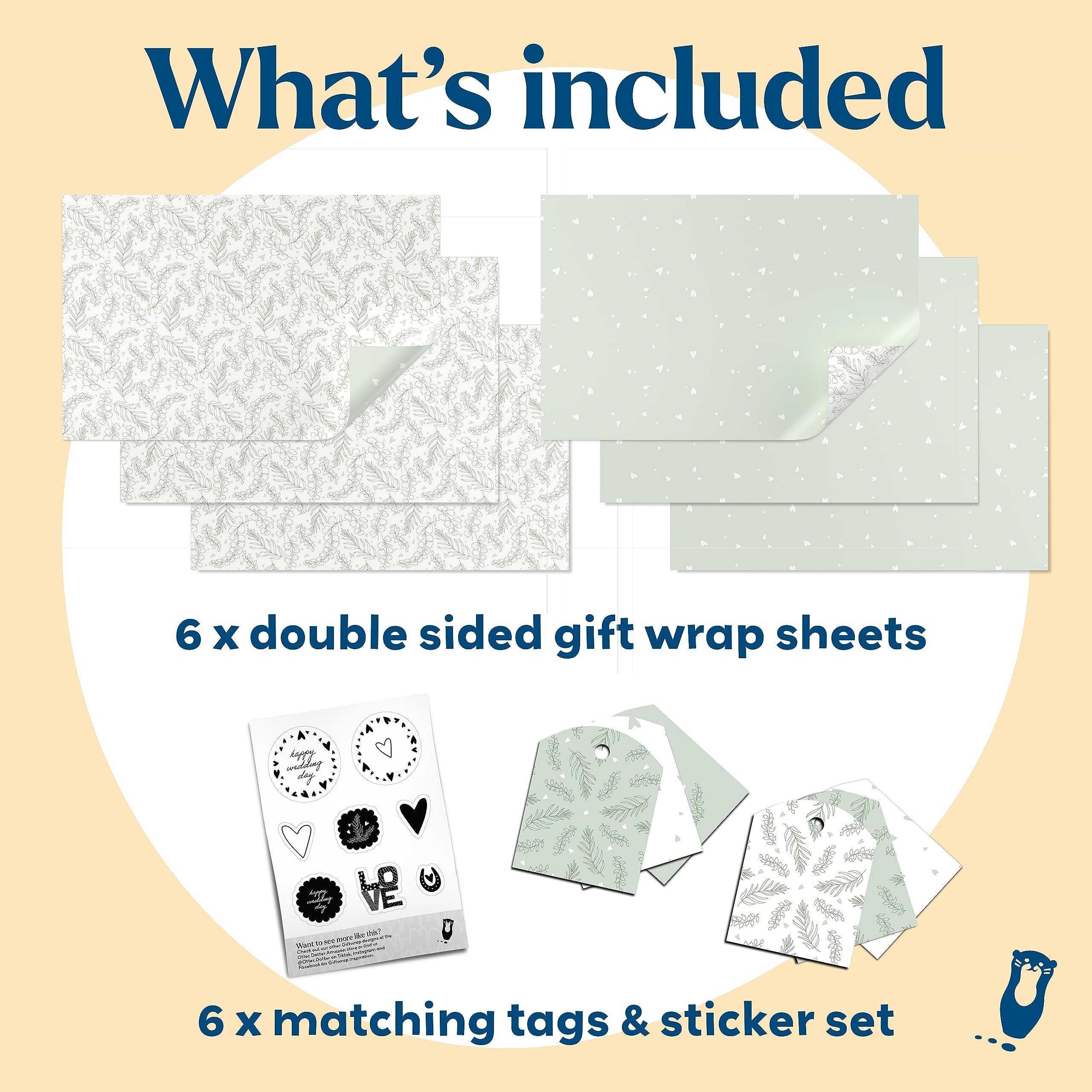 Wedding Gift Wrap - 6 Luxury Sheets of Weddings Wrapping Paper in Aisle Go With Green Design - Green & White Floral Hearts Design