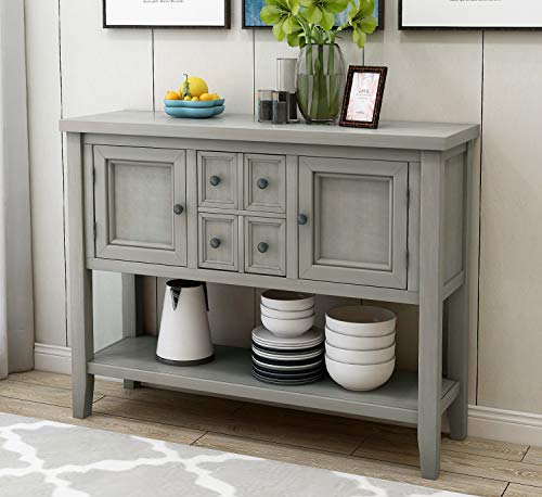 46 inch Solid Wood Console Table Series Buffet Sideboard Sofa Table with 4 Drawers/2 Doors Cabinet/Bottom Display Shelf for Living Room, Kitchen, Dining Room, Entryway and Hallway