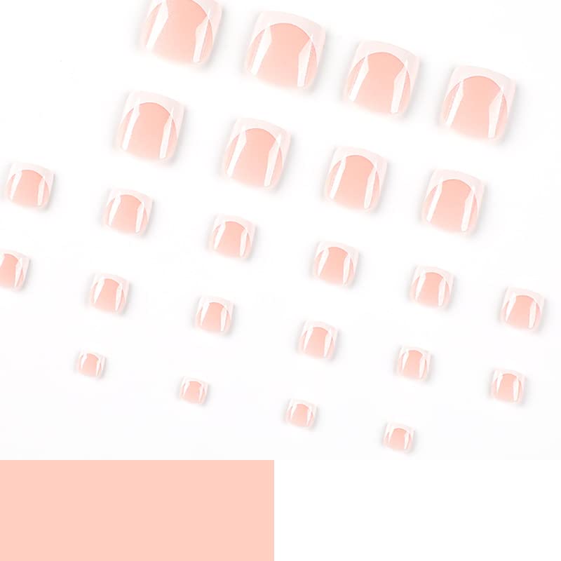 French Tips Press on Toenails White Short Square Fake Nails Nude Pink Glitter Designs False Nails Acrylic Nails Summer Full Cover Glue on Toe Nails for Women and Girls 24Pcs