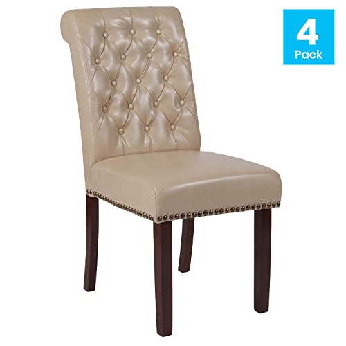 Flash Furniture Set of 4 Hercules Series Beige LeatherSoft Parsons Chairs with Rolled Back, Accent Nail Trim and Walnut Finish