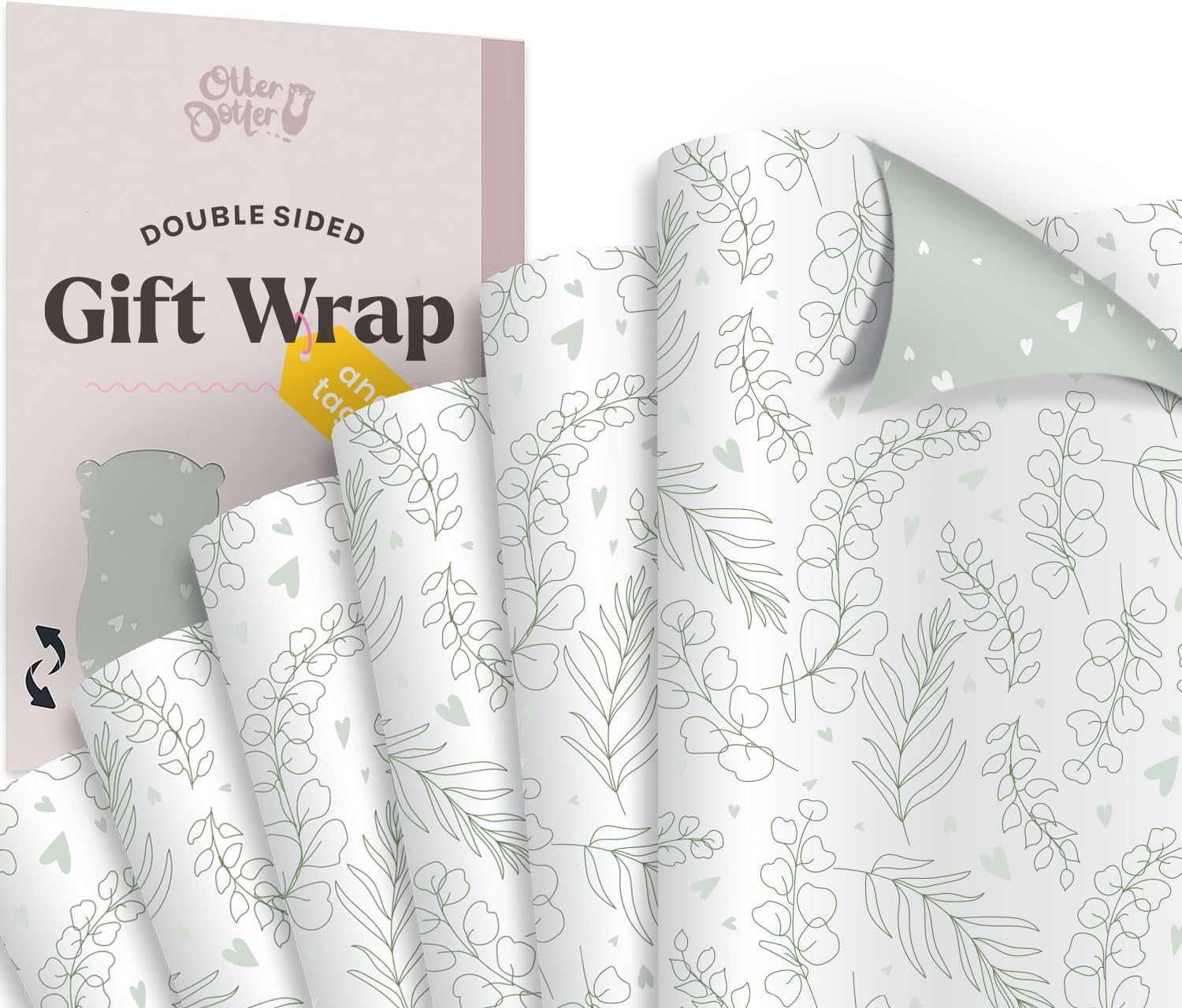 Wedding Gift Wrap - 6 Luxury Sheets of Weddings Wrapping Paper in Aisle Go With Green Design - Green & White Floral Hearts Design