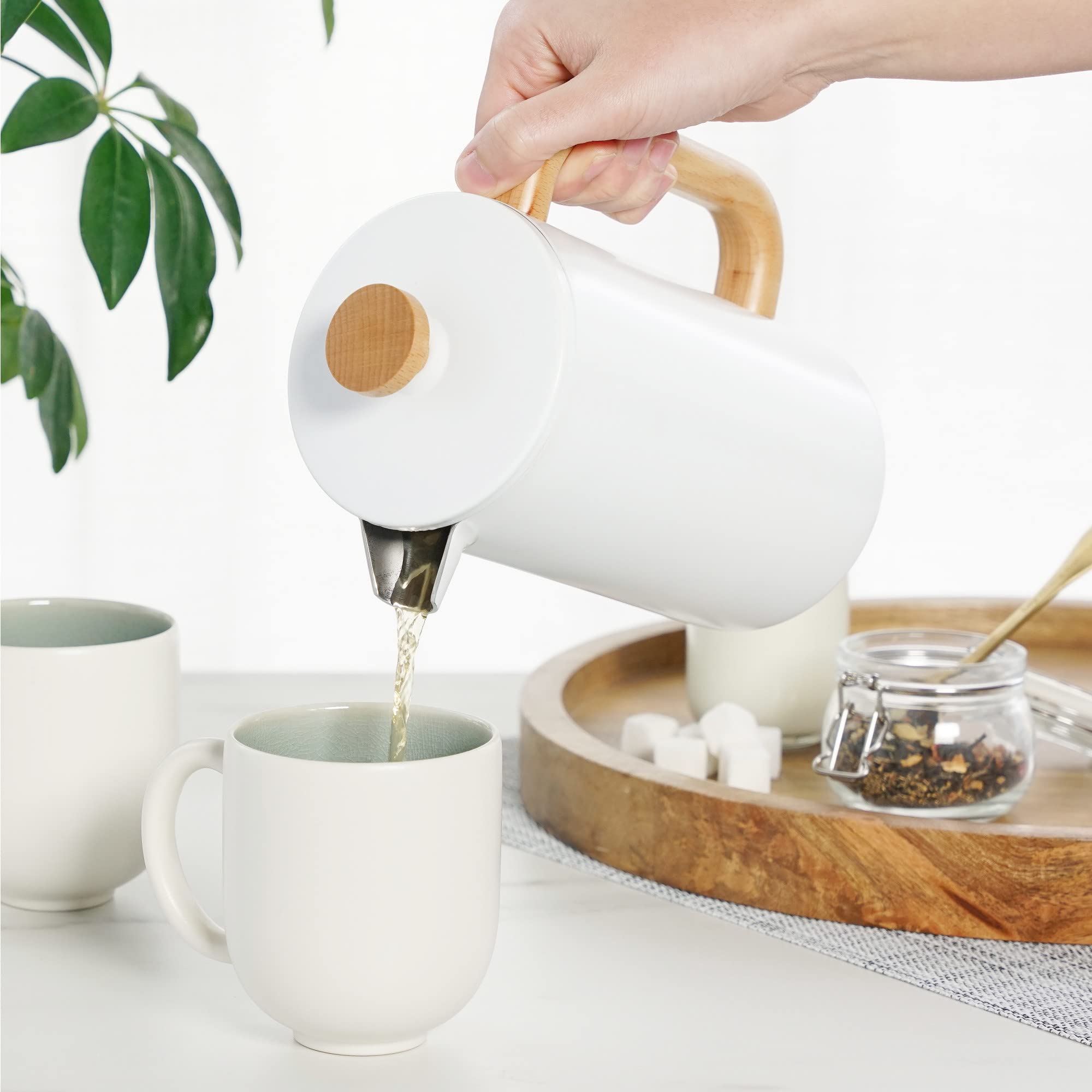 Pinky Up Martha Double Walled Stainless Steel Press Pot Tea and Coffee Maker, Loose Leaf Tea Accessories French Press Brewer, 34 Oz, Set of 1,White