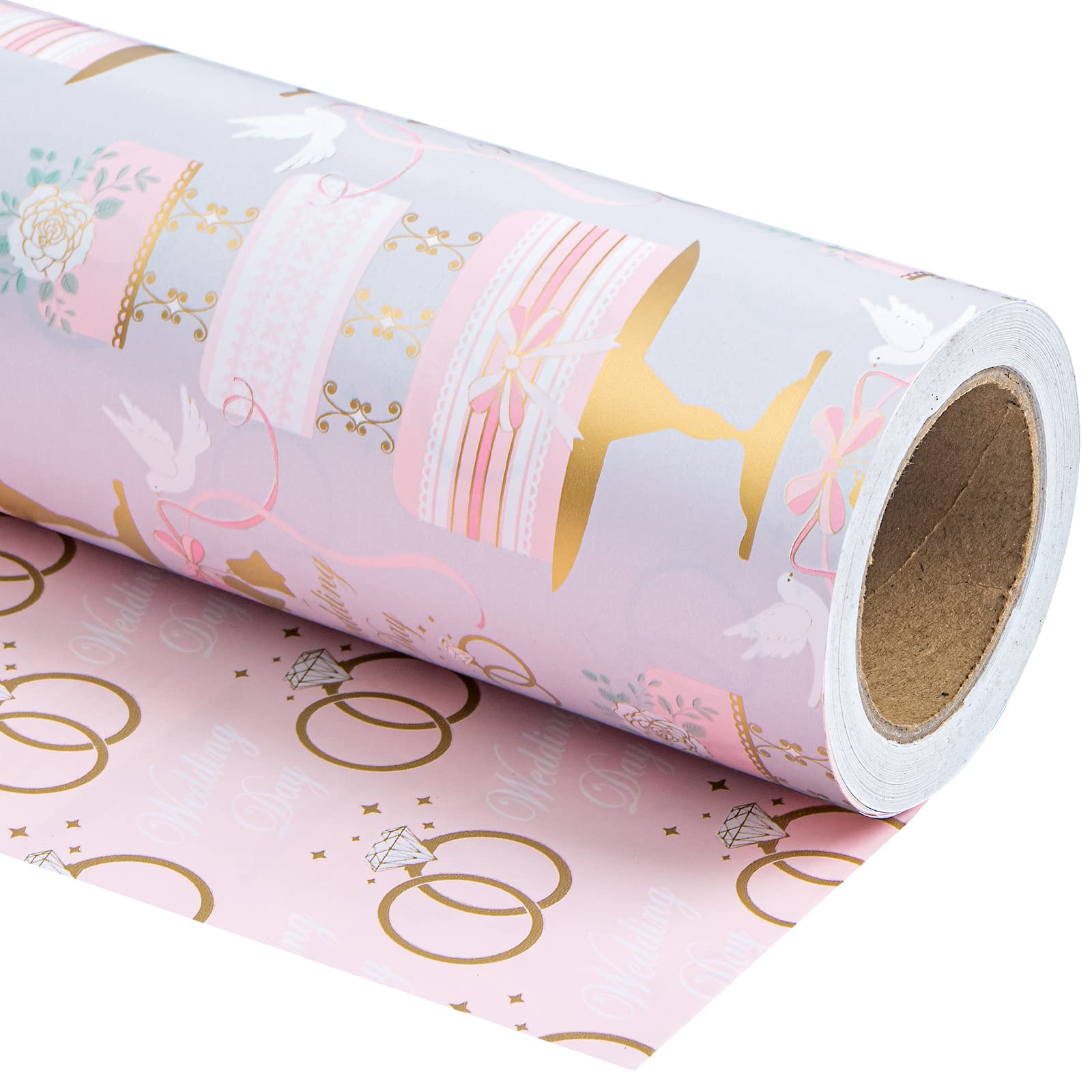 WRAPAHOLIC Reversible Wedding Wrapping Paper Roll - Mini Roll - 17 Inch X 33 Feet - Wedding Day Cake Floral and Ring Design, Perfect for Wedding, Bridal Shower