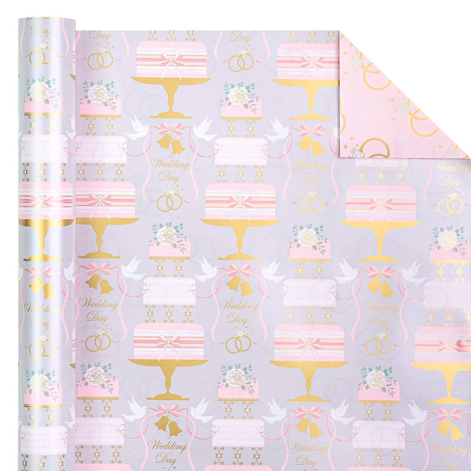 WRAPAHOLIC Reversible Wedding Wrapping Paper Roll - Mini Roll - 17 Inch X 33 Feet - Wedding Day Cake Floral and Ring Design, Perfect for Wedding, Bridal Shower