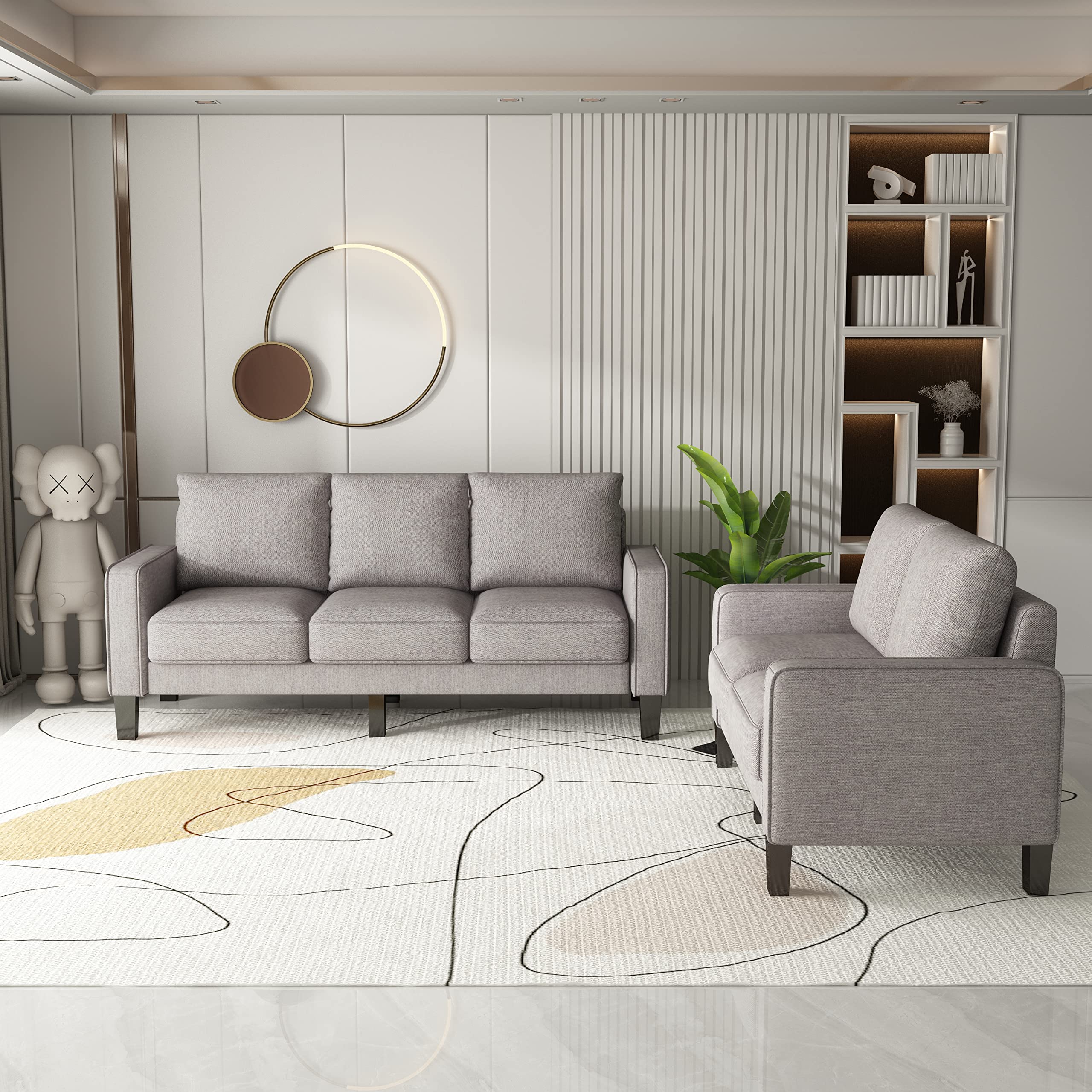 Myshle 3-Seater 2+3 Seat Sectional Storage Box, Sleeper Loveseat Couch Sets with Square Arms, Chesterfield Chaise, Wood Legs, Polyester, Modern Living Room Furniture Sofa in Light Grey
