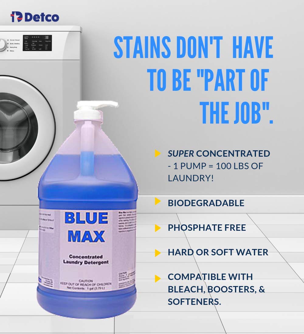 Detco Blue Max Industrial-Strength Laundry Detergent Concentrate - Safely Clean 256 Loads Per Gallon, 1/2 Ounce Per Load, Heavy Duty Concentrated Commercial Formula, 1 Liquid Gallon Bottle, Pack of 1