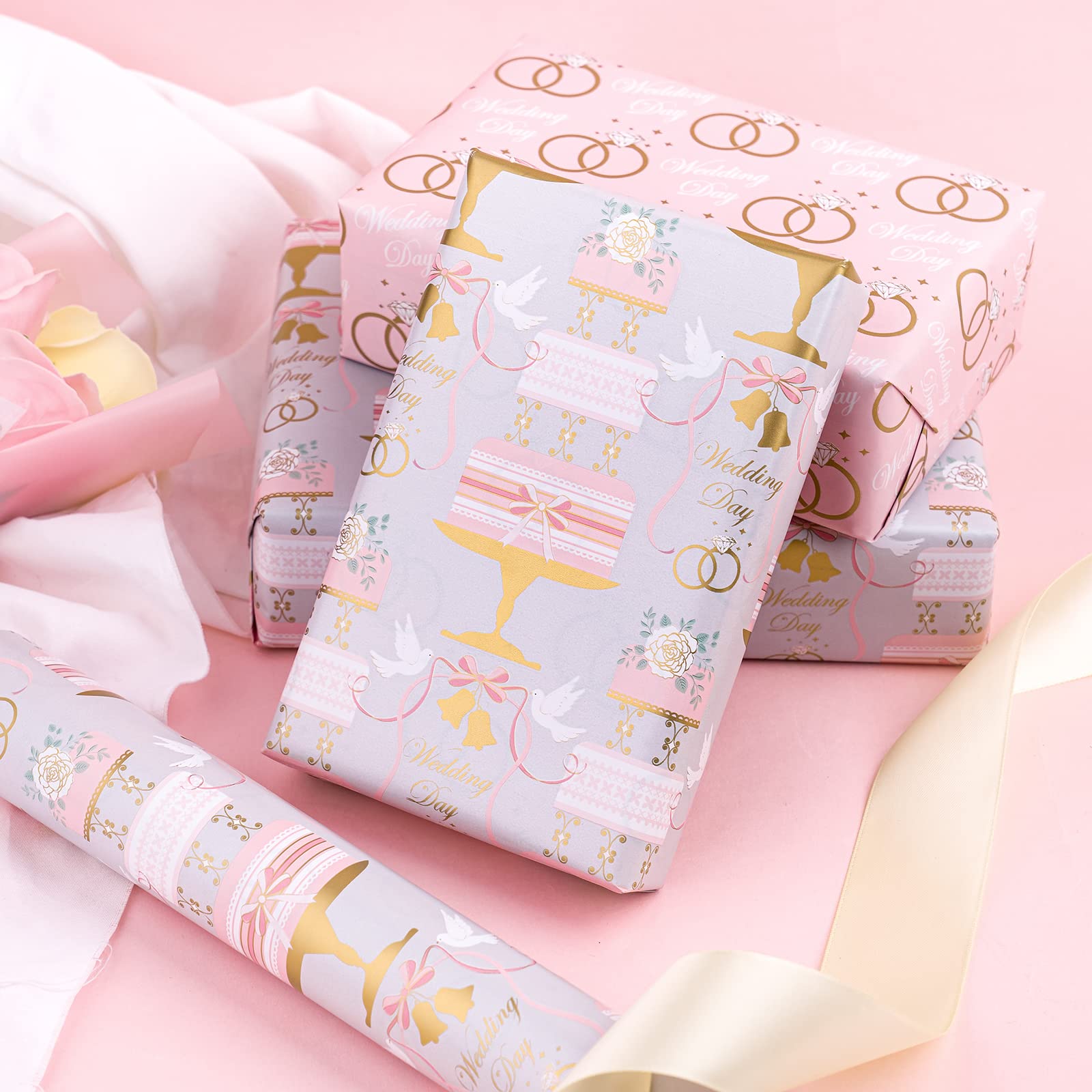 WRAPAHOLIC Reversible Wedding Wrapping Paper Roll - Mini Roll - 17 Inch X 33 Feet - Wedding Day Cake Floral and Ring Design, Perfect for Wedding, Bridal Shower