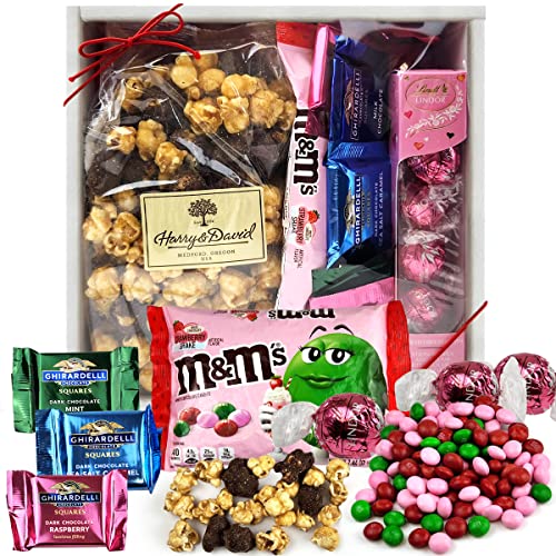 Mother's Day Candy Chocolate Gift Box – Deluxe Edition Valentines Chocolate with Harry David Popcorn, Ghirardelli Lindt Strawberry Cream Truffles, M and M White Chocolate Strawberry Shake Heart Box