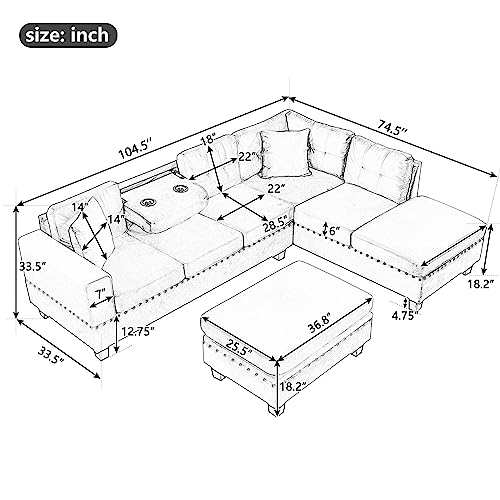 Eafurn L Shaped Sectional Reversible Chaise and Drop Down Table & Cupholders, Upholstery Corner Storage Ottoman, Tufted Convertible Sofa & Couch for Living Room Furniture Set, Gray 104.5"