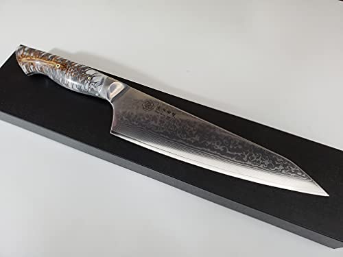 Custom VG10 Damascus chef knife Hybrid Santoku 9" White Silver cast pine cone handle, kitchen knife w/ 67 layer SS Damascus (Purple Cosmos)